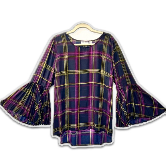 Susan Graver | Tops | Plaid Statement Sleeve Blouse Susan Graver ...